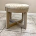 MCM Round Ottoman White Oak Linen Upholstery Wood Vanity Stool Footrest ...