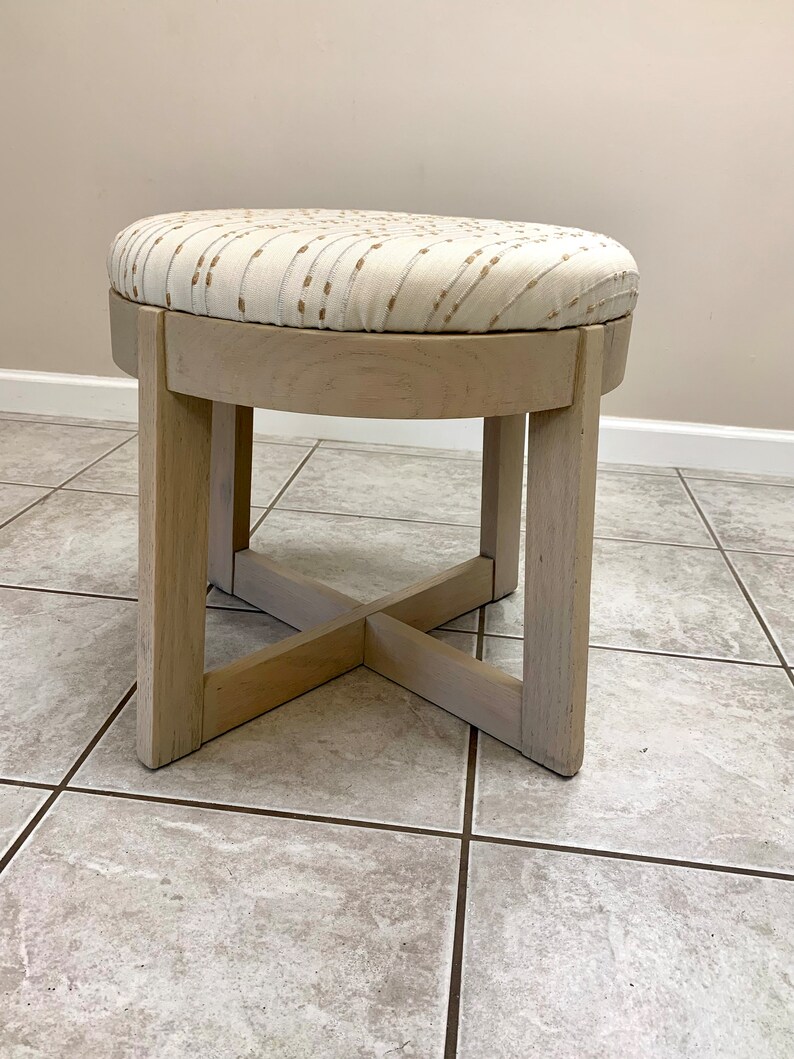 MCM Round Ottoman White Oak Linen Upholstery Wood Vanity Stool Footrest ...