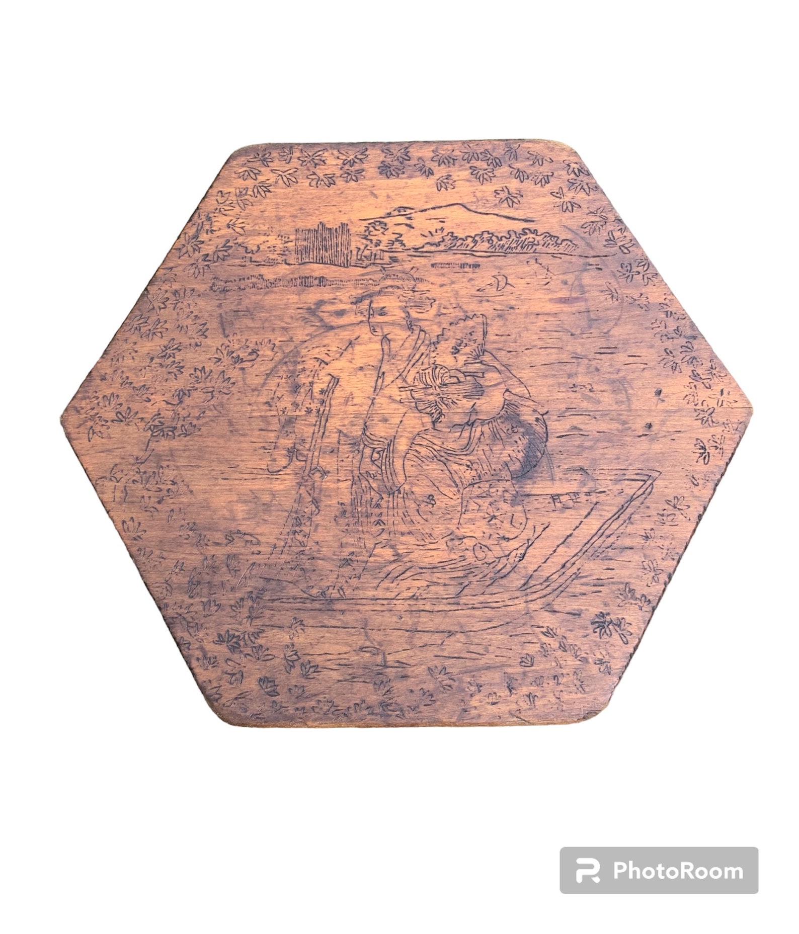 Antique Wood Hexagonal Pyrography Carved Asian Moorish Table Plant ...
