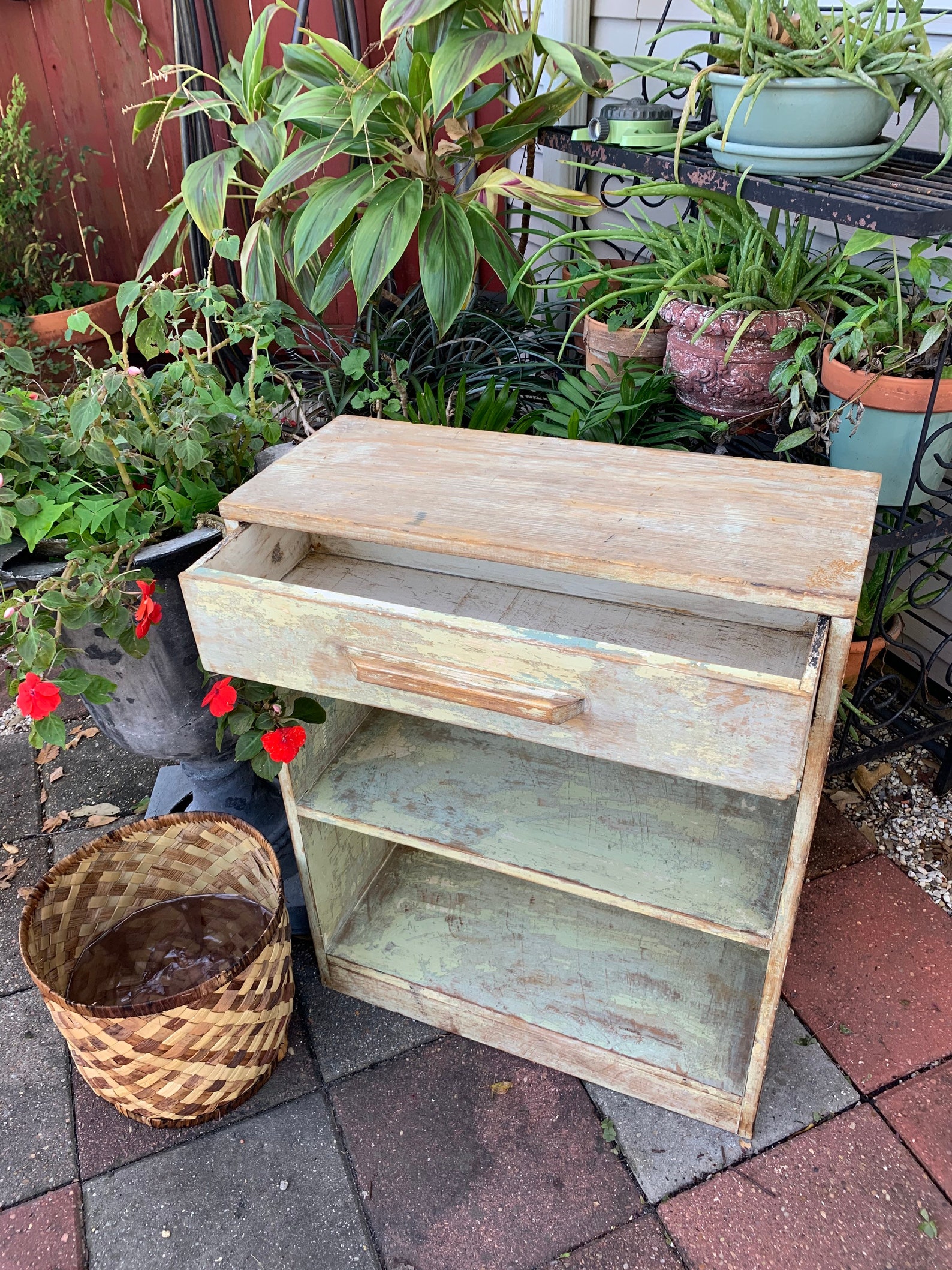 Primitive Wood Bookcase Bookshelf Cabinet Drawer Antique Chippy Paint ...