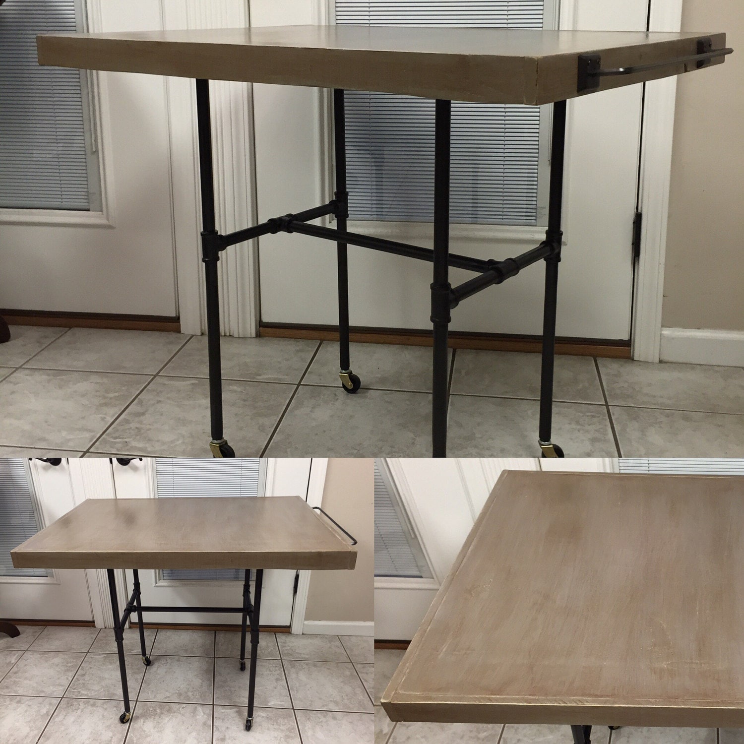 Industrial Wood Table Iron Pipe Base Wheels Cart Metal Leg Desk Kitchen ...