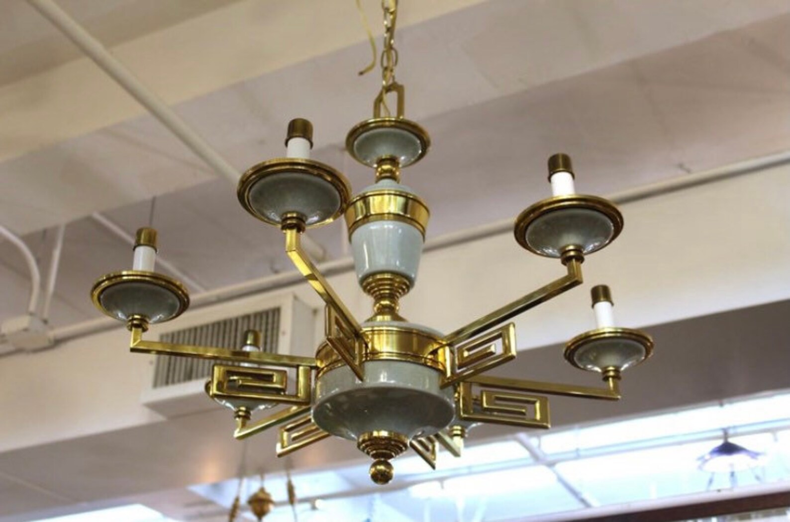 Brass Porcelain Greek Key Chandelier Light Fixture 6 Arm Manor of Tommi ...