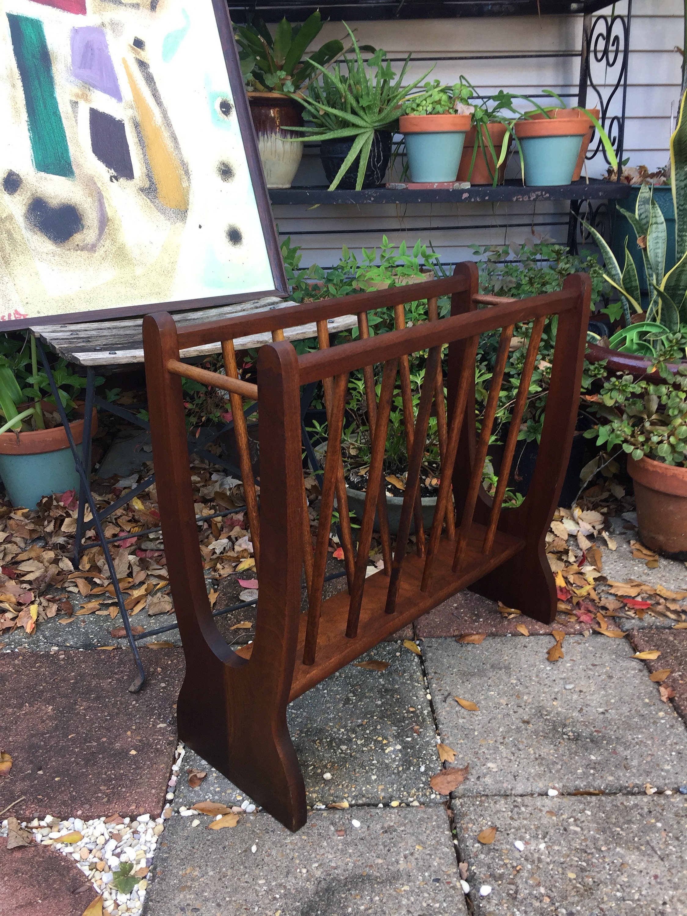 MCM Magazine Rack Holder Atomic Scheibe Teak/walnut? Wood Spindle Mid ...