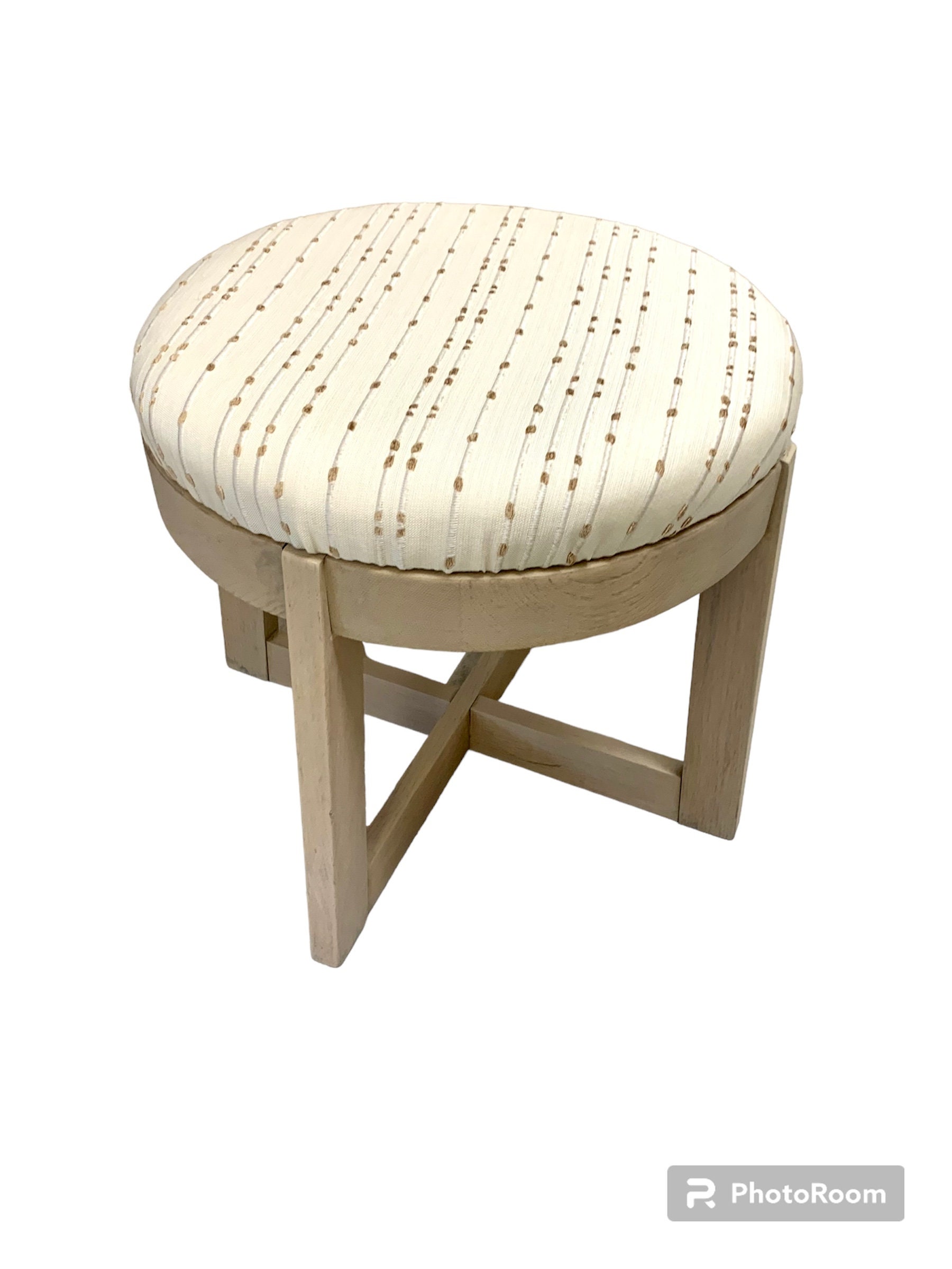 MCM Round Ottoman White Oak Linen Upholstery Wood Vanity Stool Footrest ...