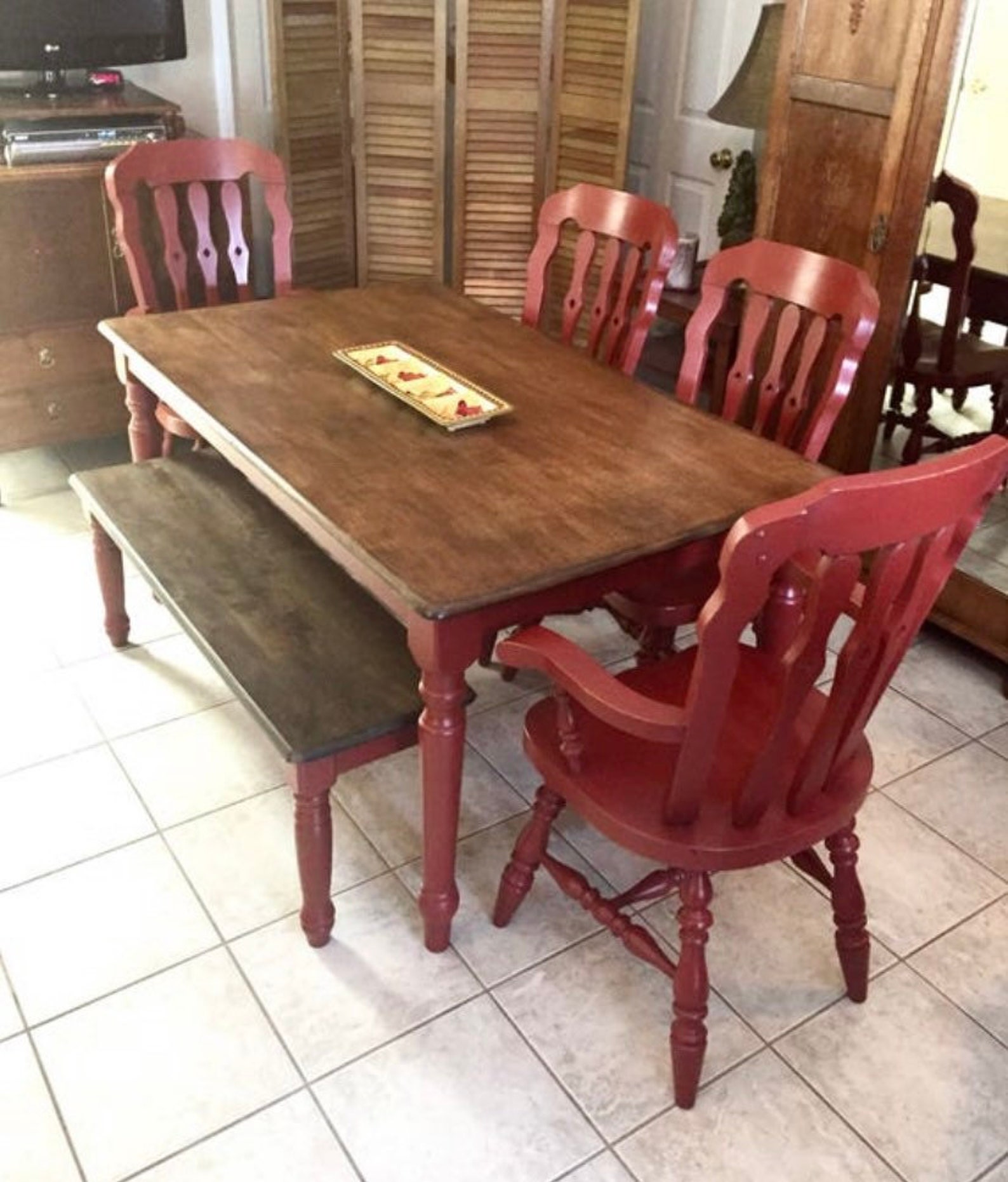 Farm Table Farmhouse Dining Chairs Painted Red Rustic Distressed Maple ...