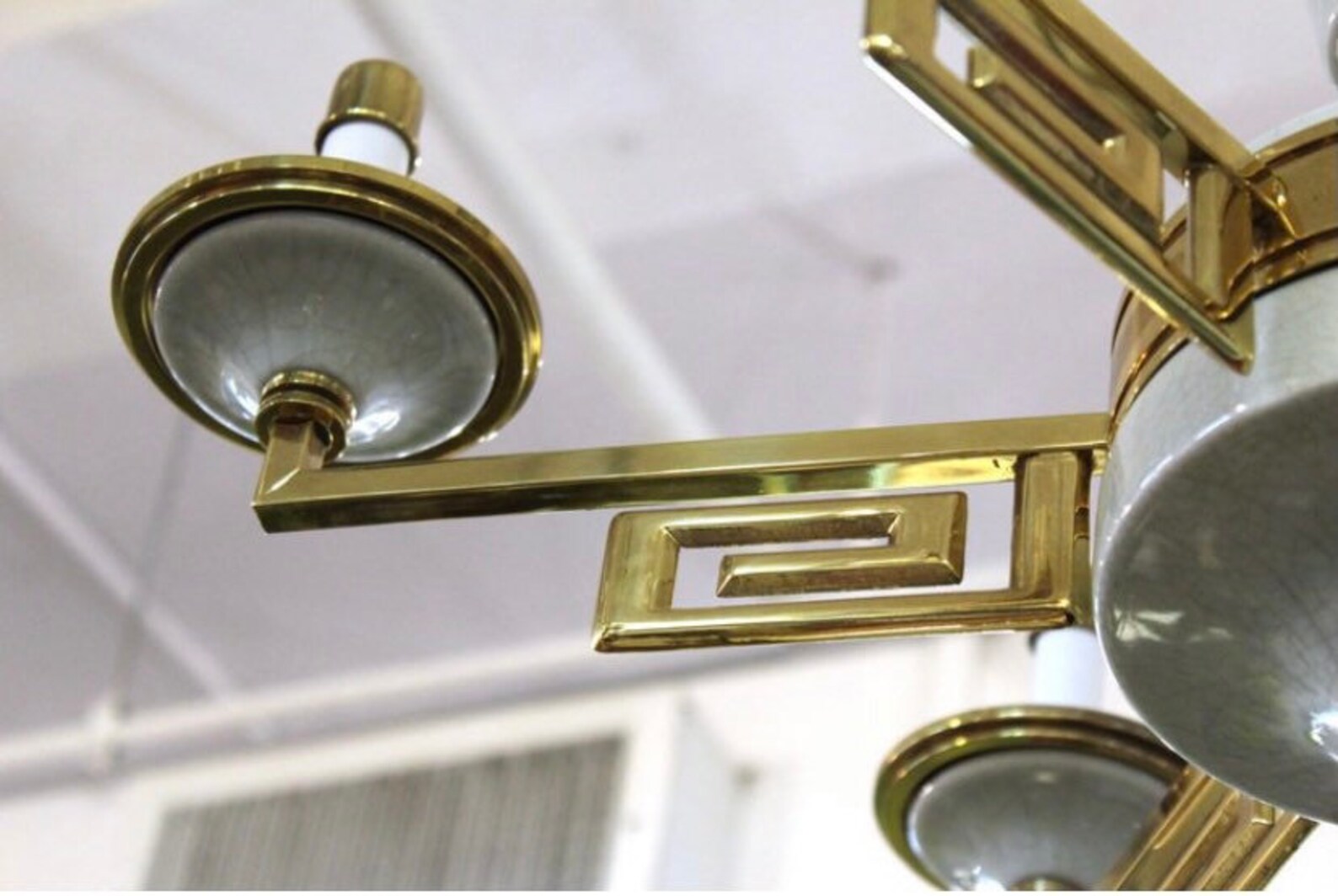 Brass Porcelain Greek Key Chandelier Light Fixture 6 Arm Manor of Tommi ...