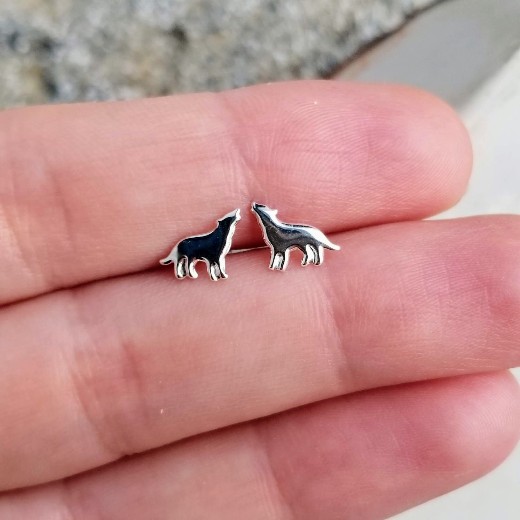 Silver Wolf Ear Studs Earrings 925 Sterling Silver Wolf | Etsy