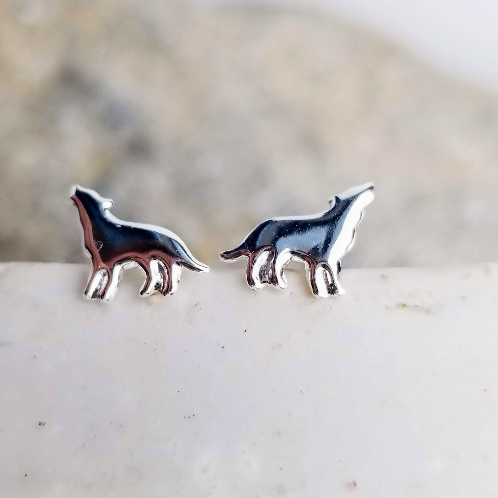 Silver Wolf Ear Studs Earrings 925 Sterling Silver Wolf - Etsy