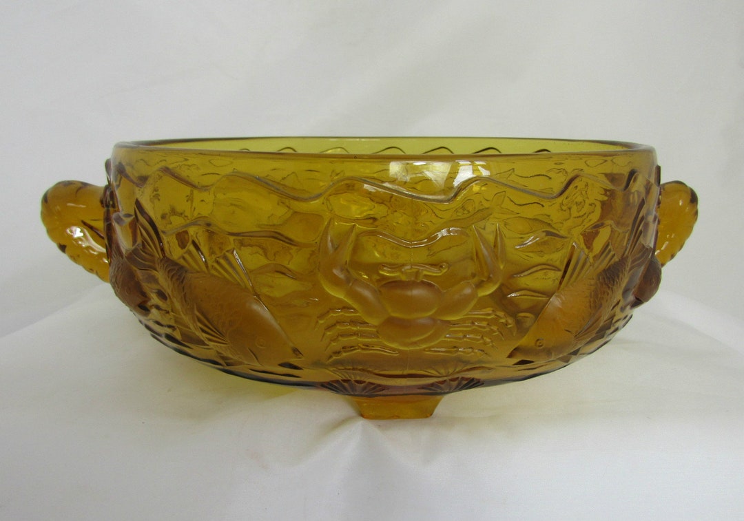 Art Deco Amber Glass Bowl Bagley Glass Marine Bowl With Embossed Fish ...