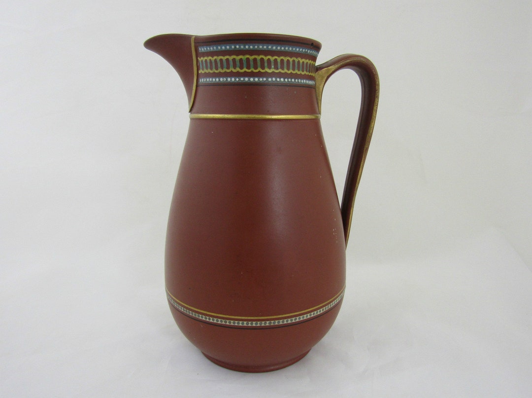 F & R Pratt Terracotta Jug Decorated With Yellow and Blue Bands Around ...