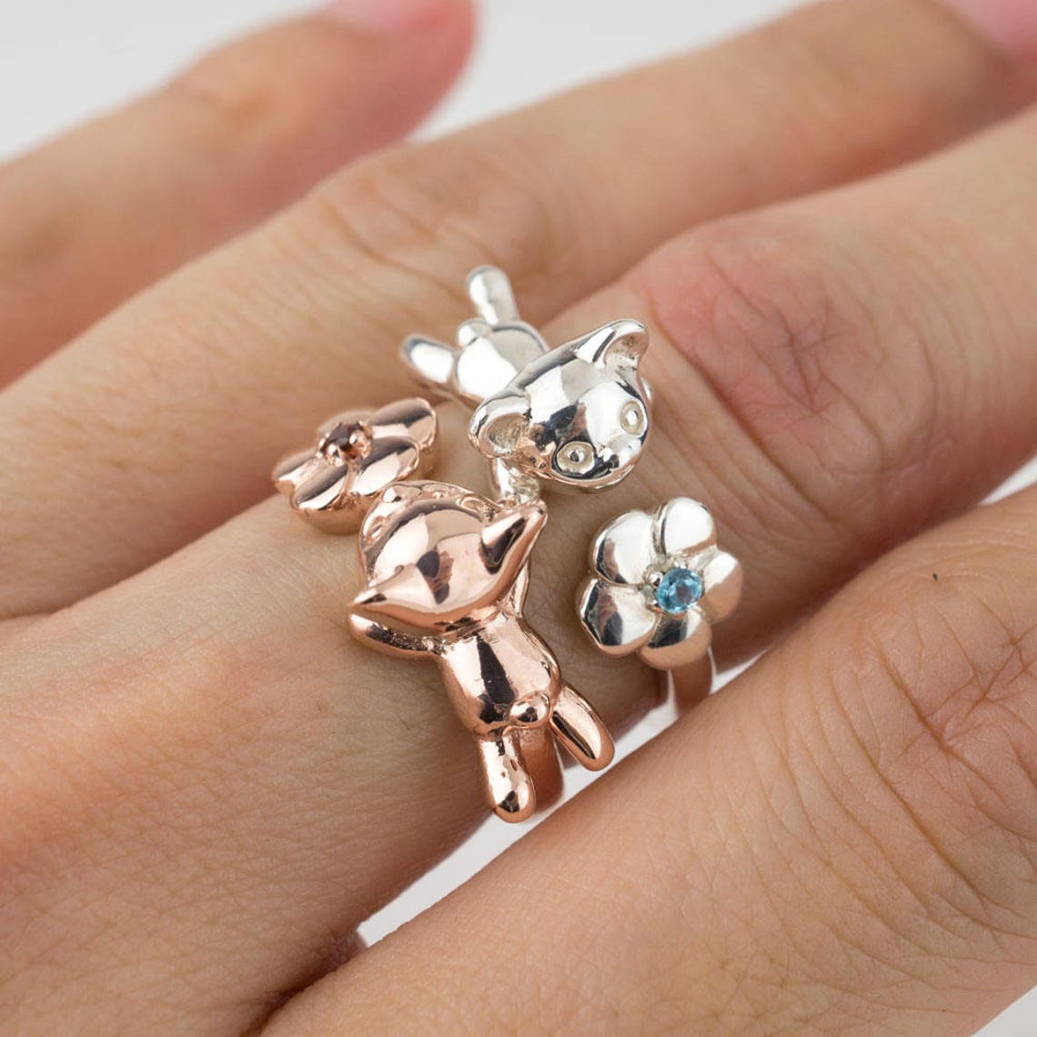 ROSEGOLD PLATED RINGS Silver Rings Teddy Bear Flower Twin Rings Garnet ...