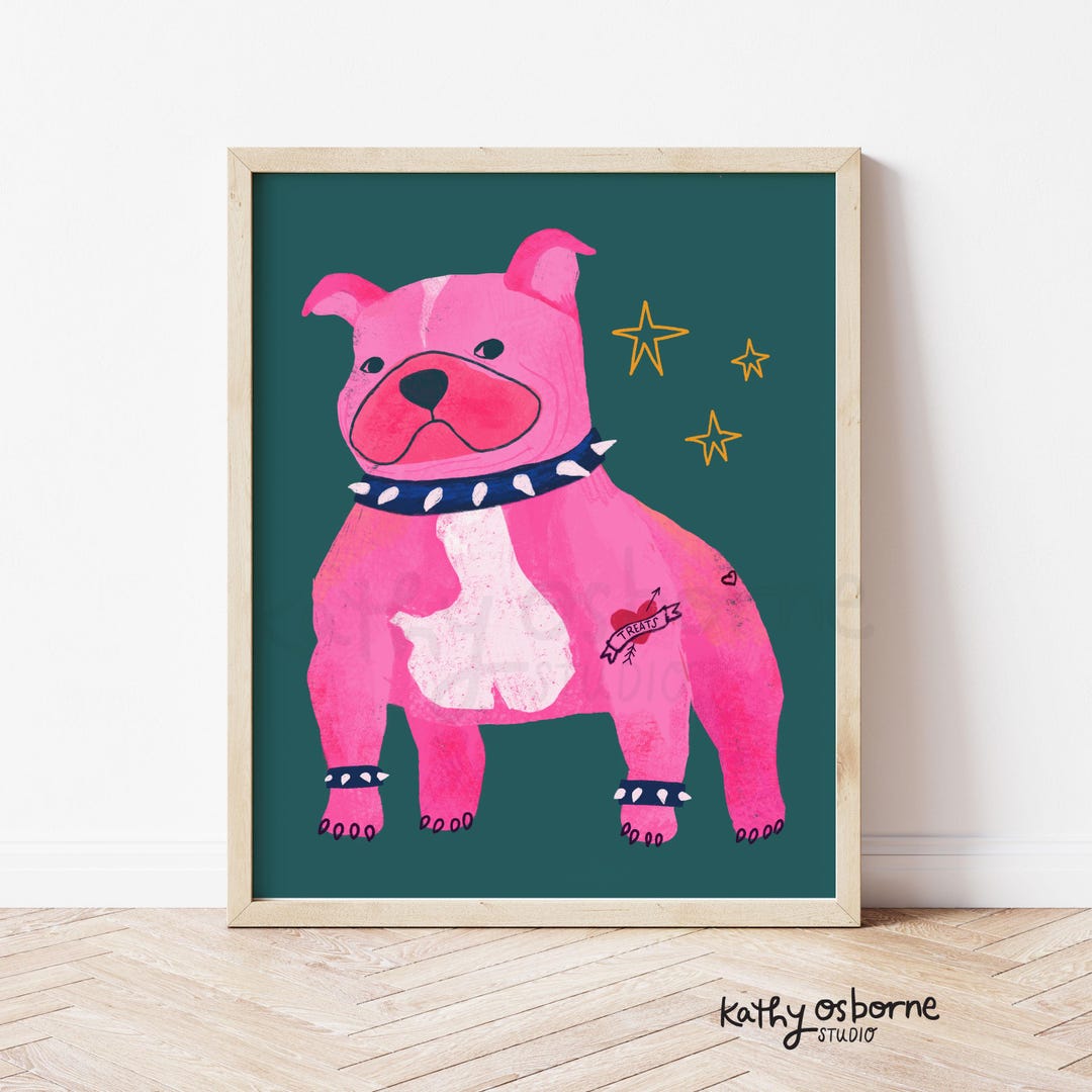 Pink Bully Dog Art Print: Tattooed Puppy, Whimsical Nursery Decor - Etsy