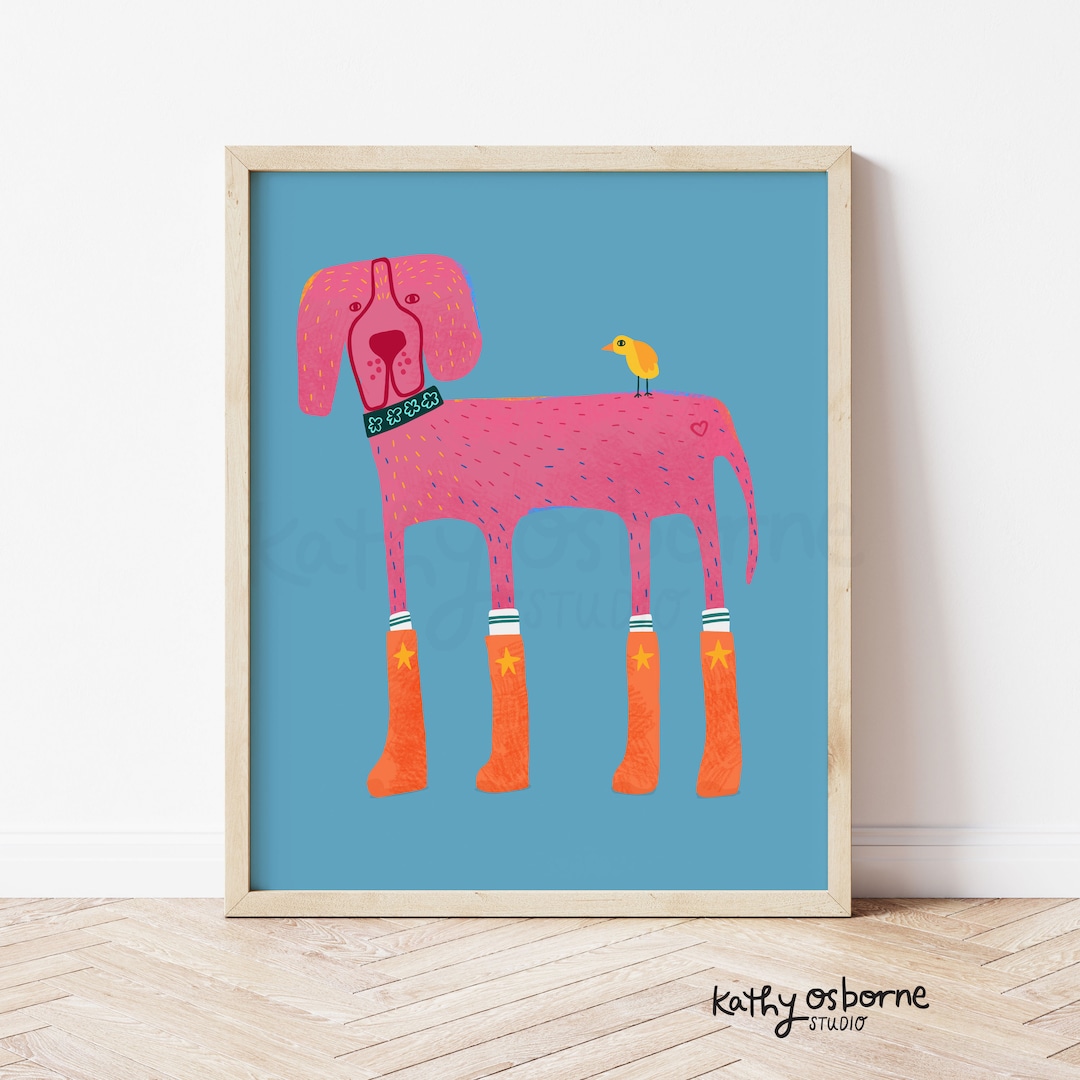 Cute Art Print: Pink Great Dane in Boots - Whimsical Dog Art Wall Decor ...