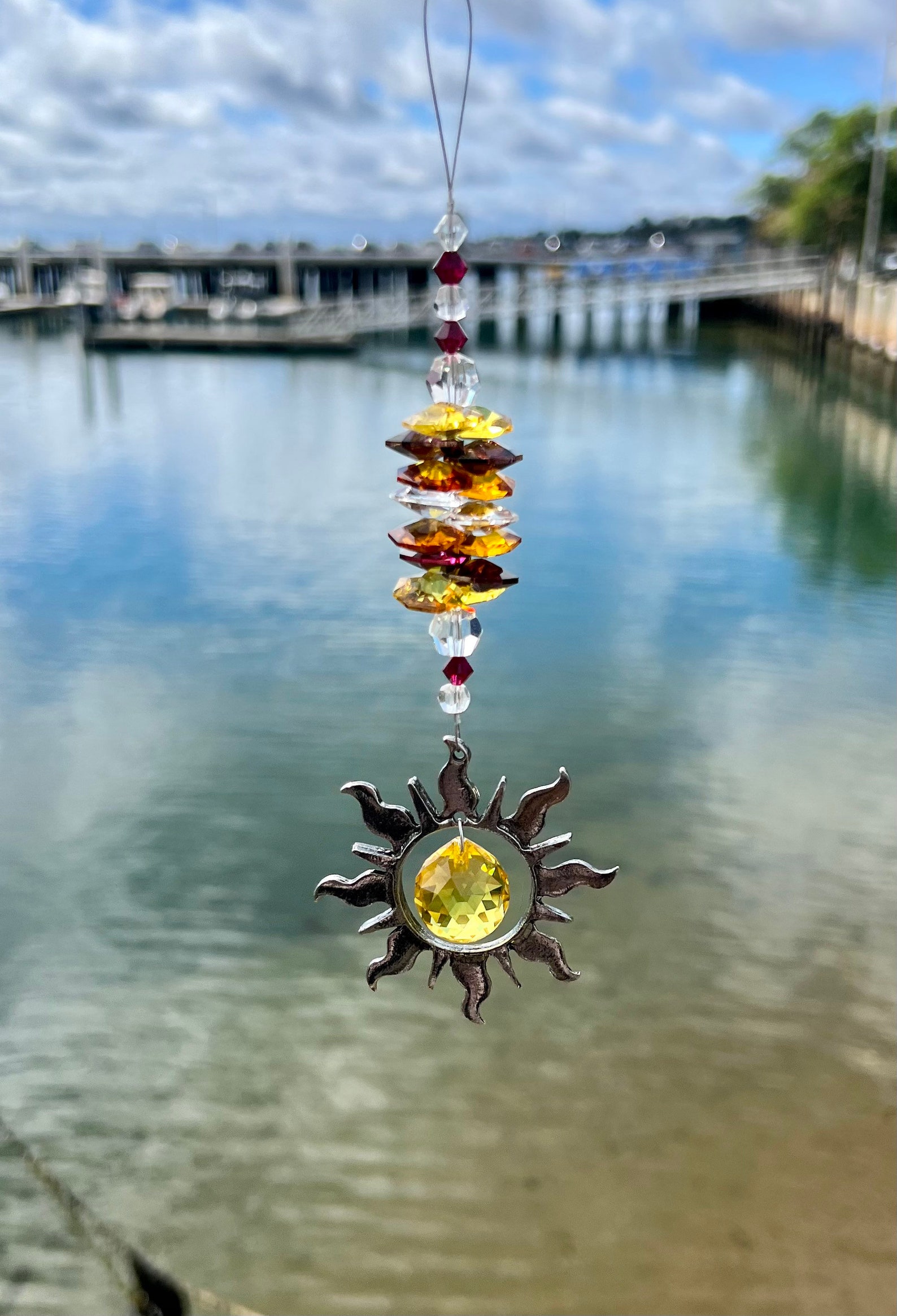Crystal Suncatcher, Pewter Sun With Yellow Crystal Sphere, High Quality ...