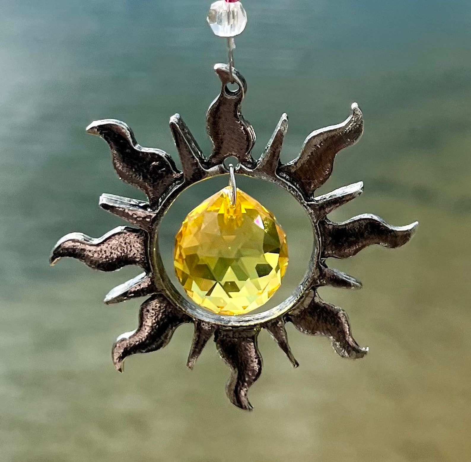 Crystal Suncatcher, Pewter Sun With Yellow Crystal Sphere, High Quality ...