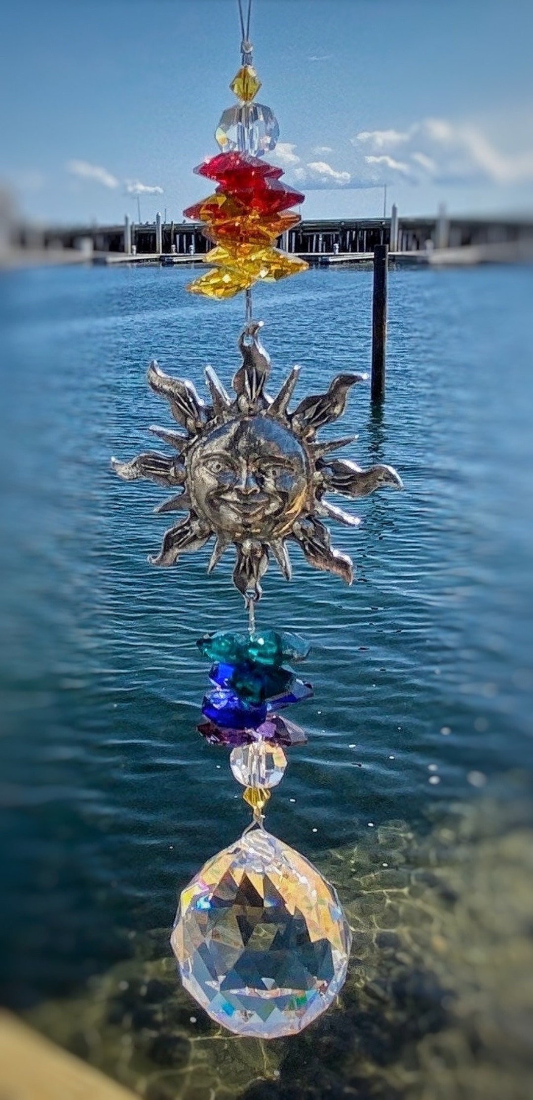 Sun & Crystal Suncatcher / Pewter Sun Face Ornament / Good - Etsy