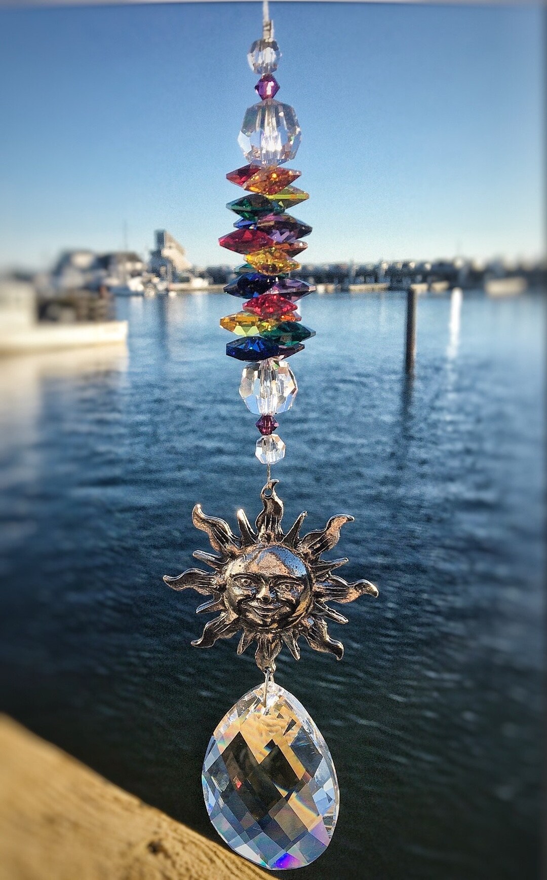 Crystal Suncatcher With Pewter Sun Face Charm & Rainbow Colored ...