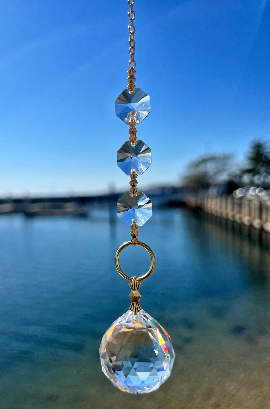 Hanging Crystal Suncatcher, Gold & Crystal Sun Catcher With Crystal ...