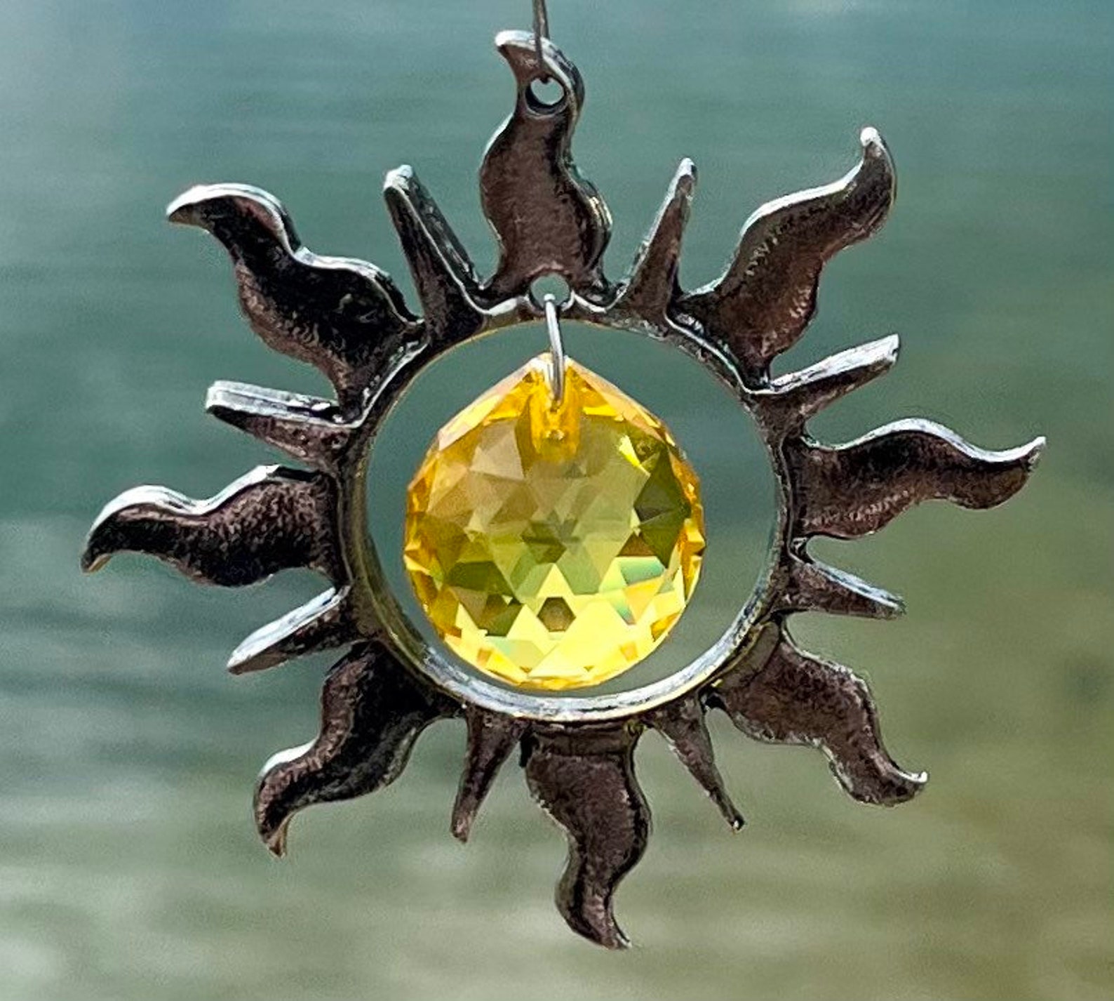 Crystal Suncatcher, Pewter Sun With Yellow Crystal Sphere, High Quality ...