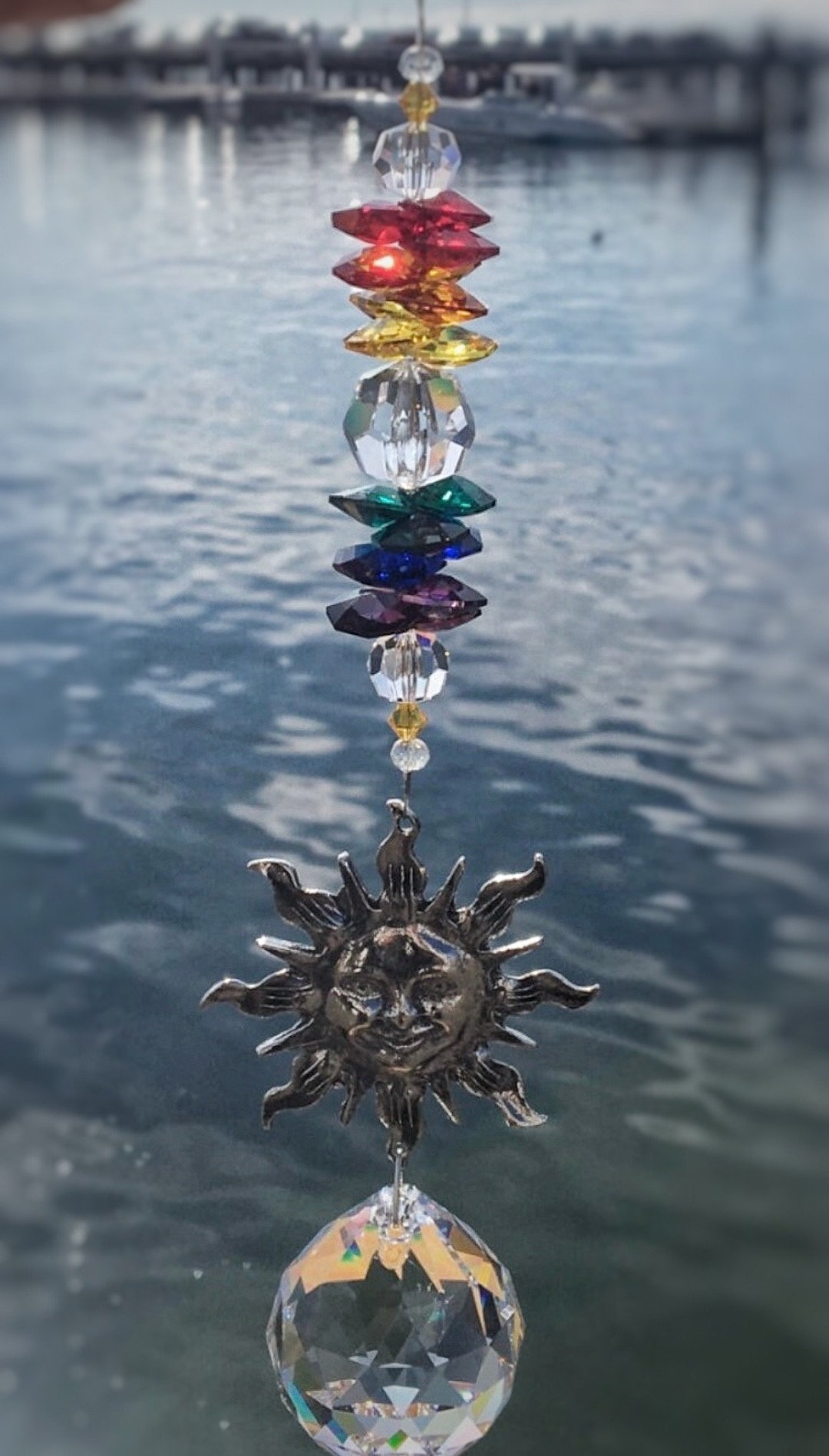 Crystal Sun Catcher With Pewter Sun Face Charm & Rainbow Colored ...