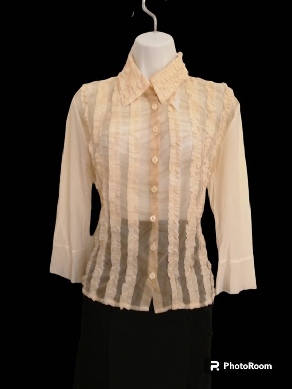 VTG-Beige Three-Quarter Transparent Blouse, Frills in… - Gem