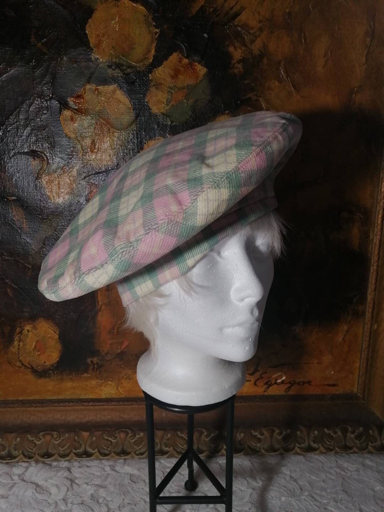 Vtg-oversize Women's Beret, Pink Green Chekered Muticolor Beret, Spring ...