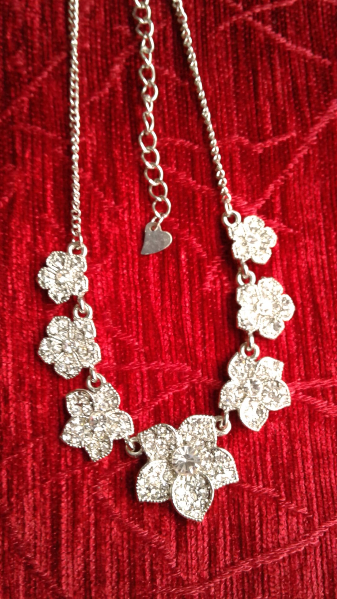 Silver Tone Necklace With Silver Flowers With Glass Crystals, Silver ...