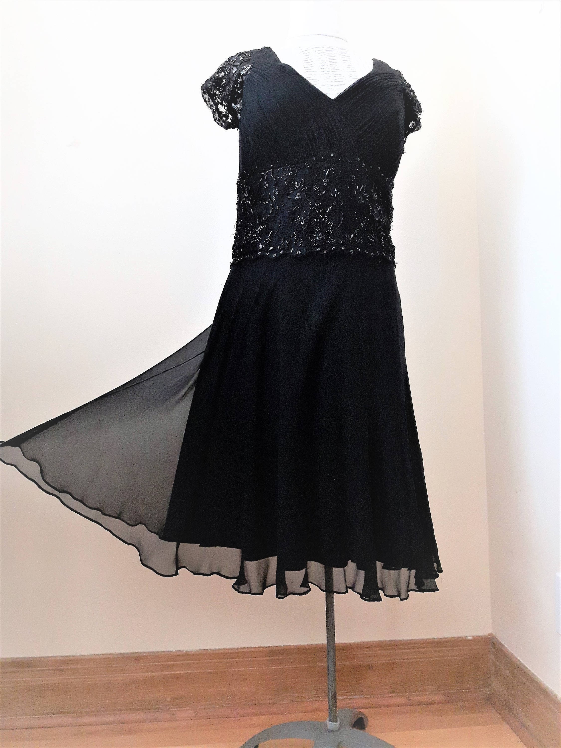 Black Chiffon Dress, Sequin Dress, Black Silk Dress, Evening Dress ...