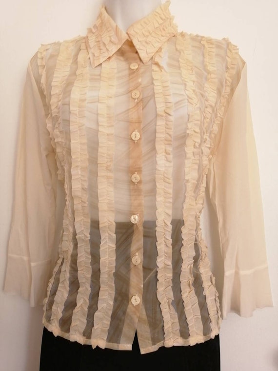 VTG-Beige Three-Quarter Transparent Blouse, Frills in… - Gem