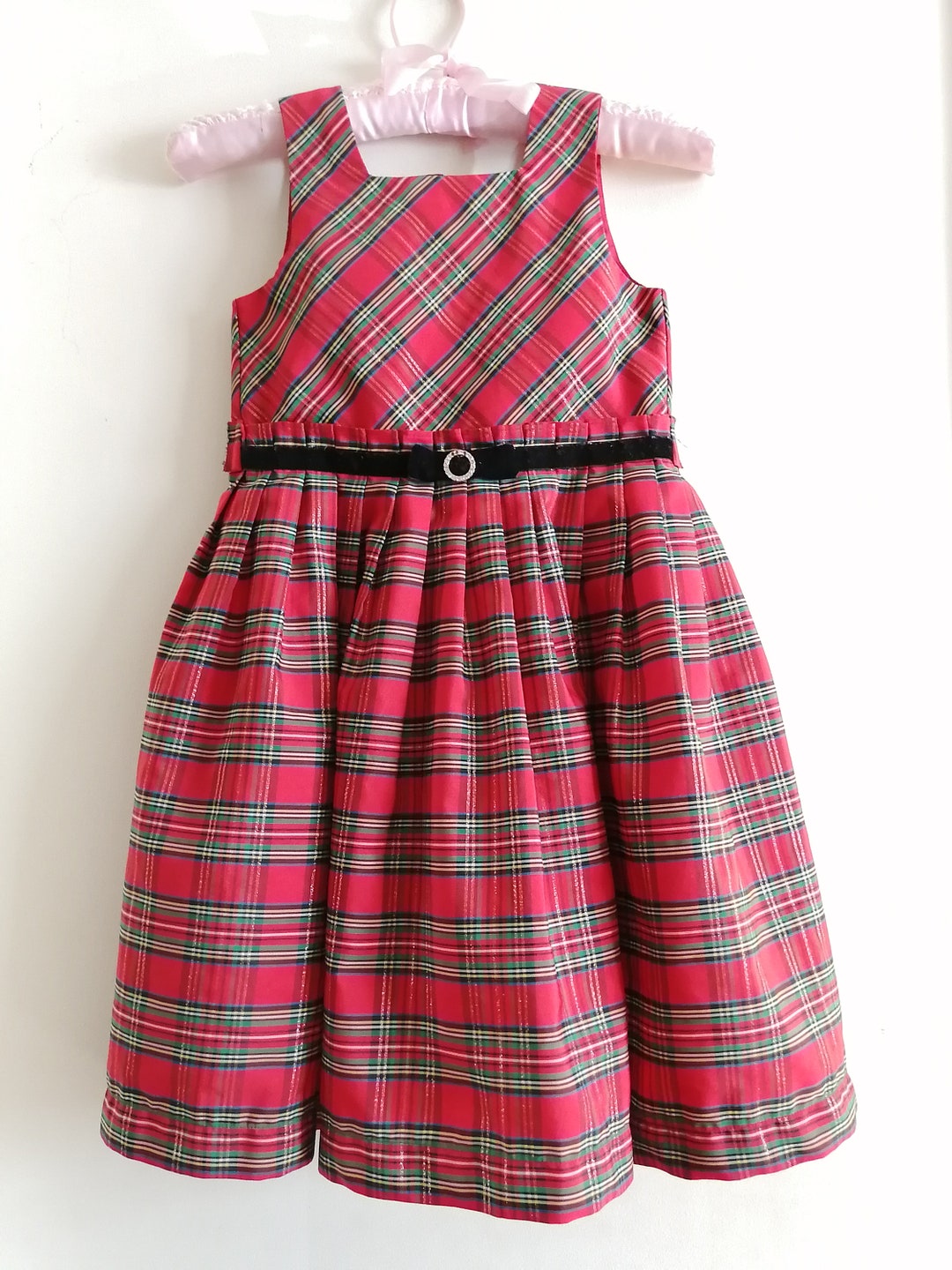 Red and Black Plaid Dress for Girls, Christmas Plaid Dress Black Velvet ...