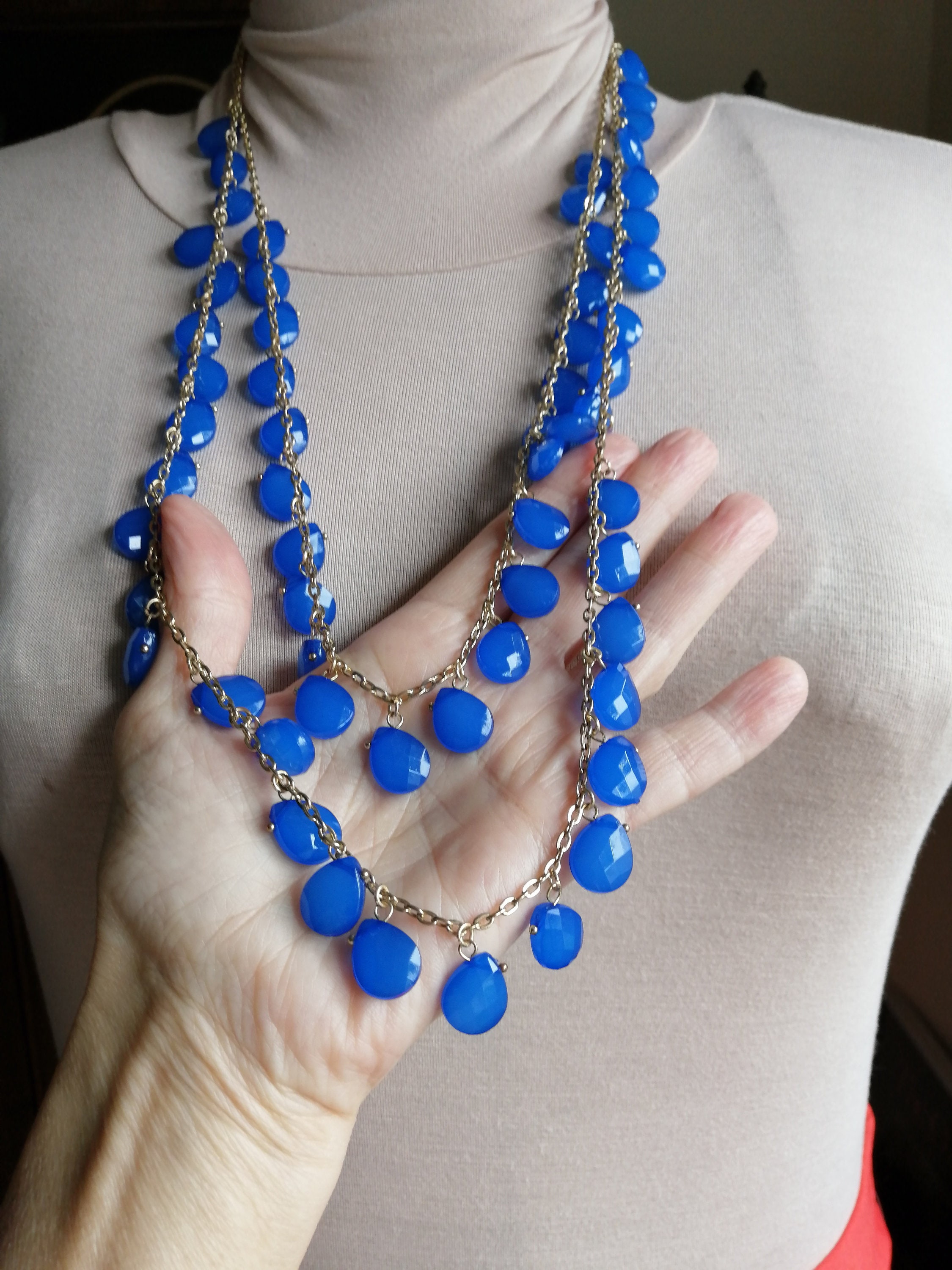 Royal Blue Beaded Necklace, Two Strand Necklace, Dimond Cut Shaped ...