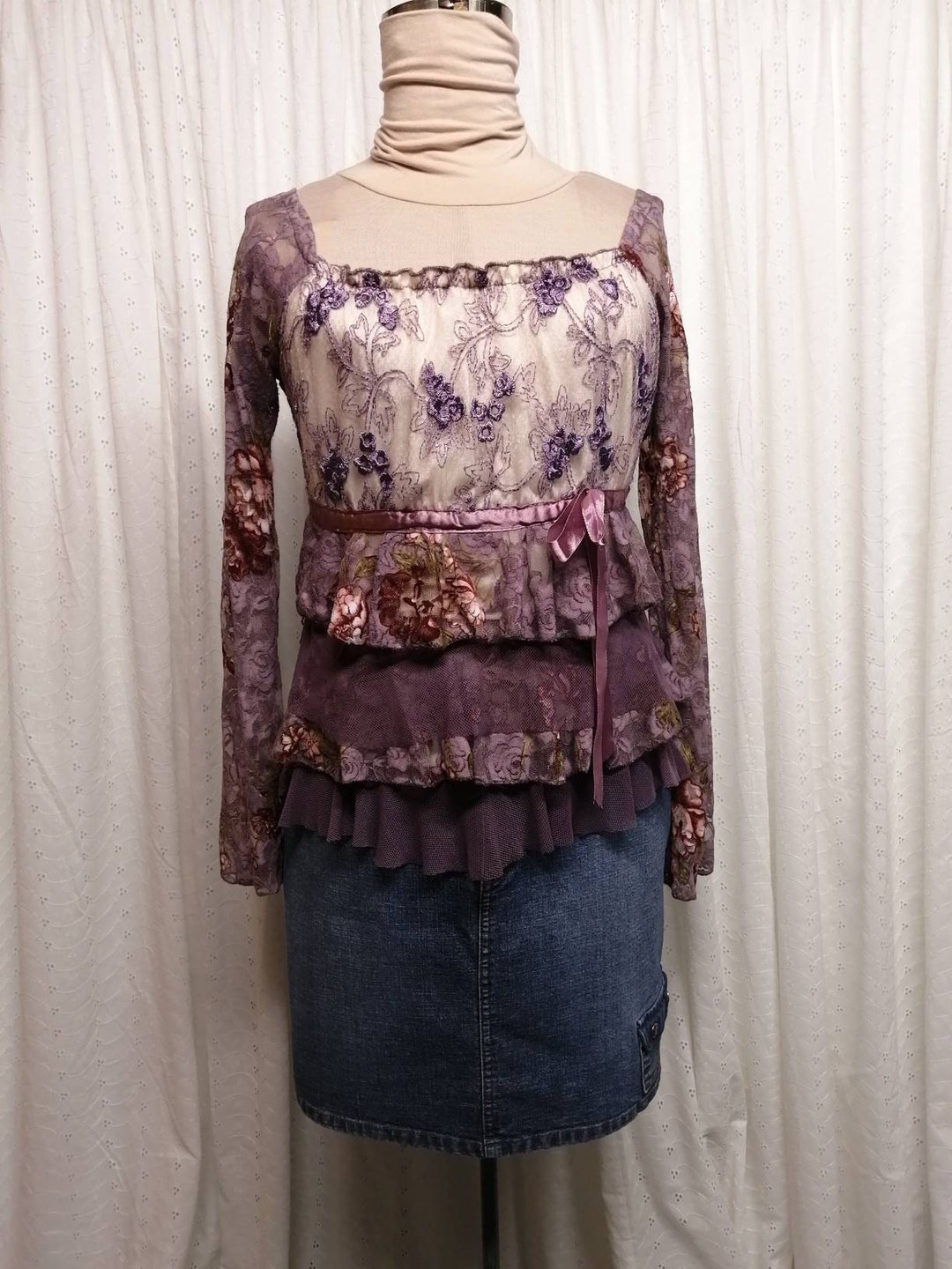 Floral Light Purple Women's Top, Mesh, Sheer, Long Sleeve, Layered ...