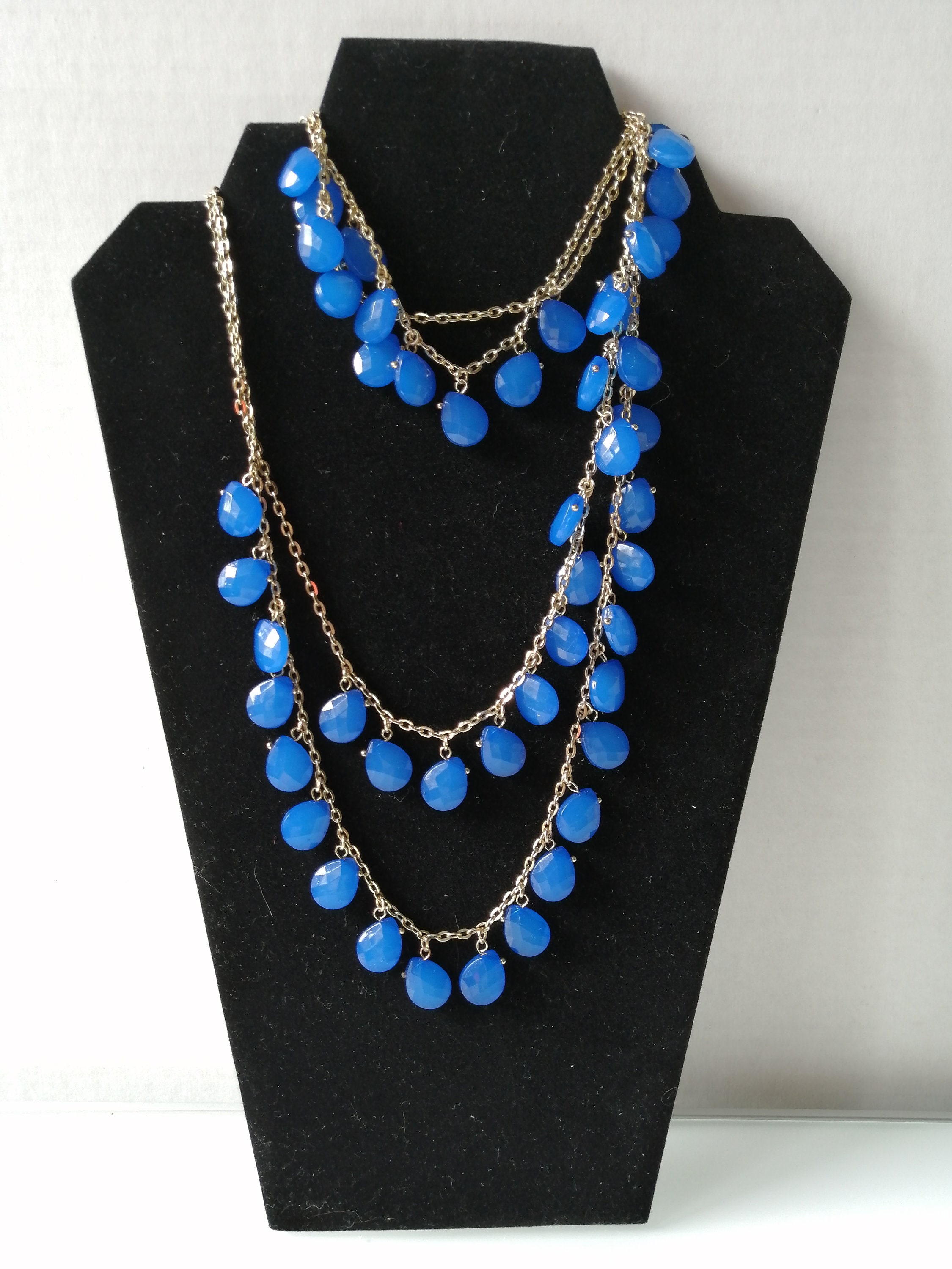 Royal Blue Beaded Necklace, Two Strand Necklace, Dimond Cut Shaped ...