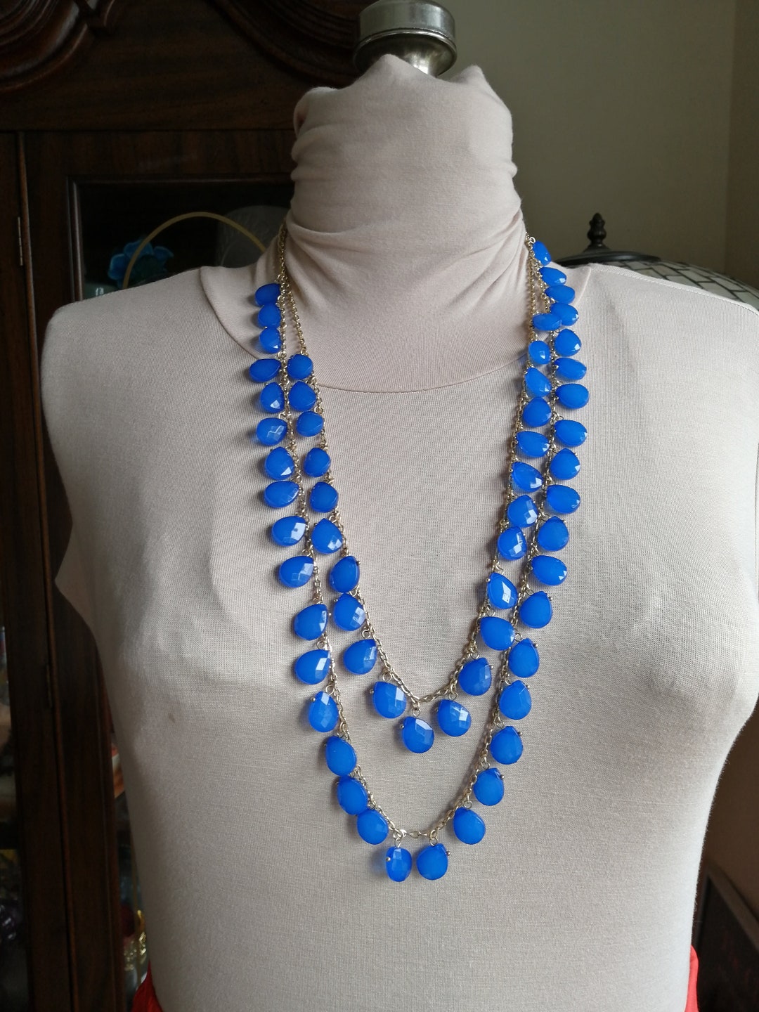 Royal Blue Beaded Necklace, Two Strand Necklace, Dimond Cut Shaped ...