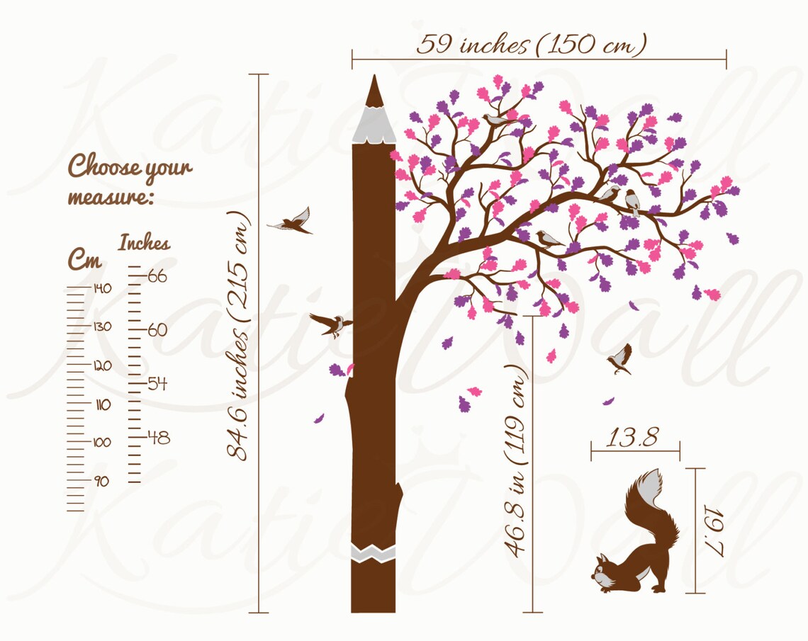 Tree Wall decal with Growth Chart and cute animals Kids room | Etsy
