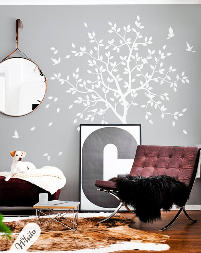 White Tree Wall Decal Nursery With Birds Studio Wall Decor | Etsy
