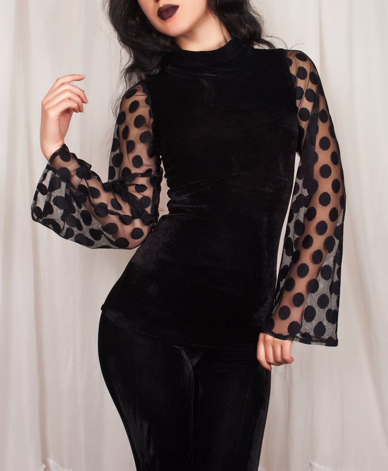 Black Velvet Blouse With Long Flared Lace Sleeves Polka Dot Etsy