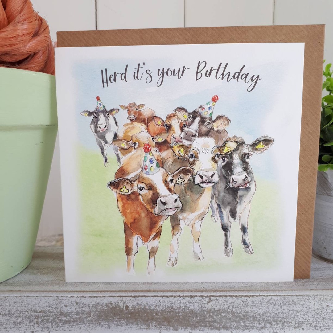 Cow Birthday Card, Herd It's Your Birthday, Animal Pun Card ...