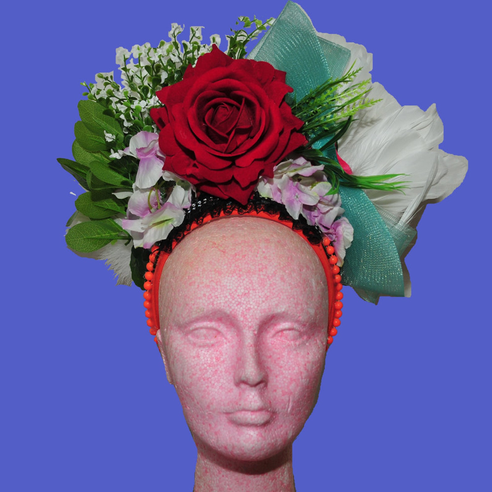 BIG HEAD PIECES - Red Rose Headpiece - White Feather Headpiece - Summer ...