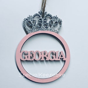 Personalised Wooden Crown Christmas Tree Bauble Decoration Glitter ...