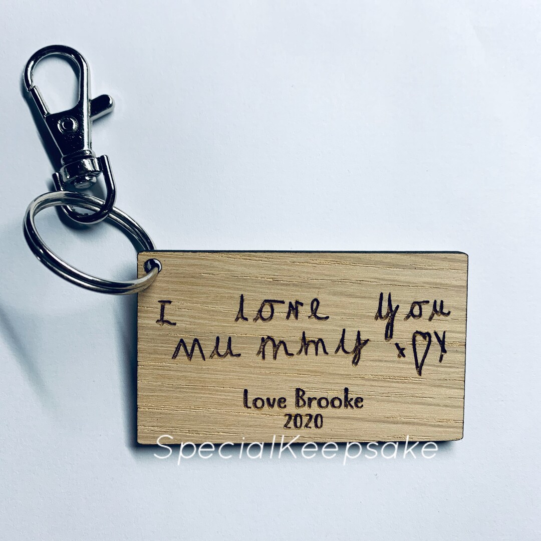 Personalised Oak Wooden Handwriting Note Letter Keyring Mother's Father ...