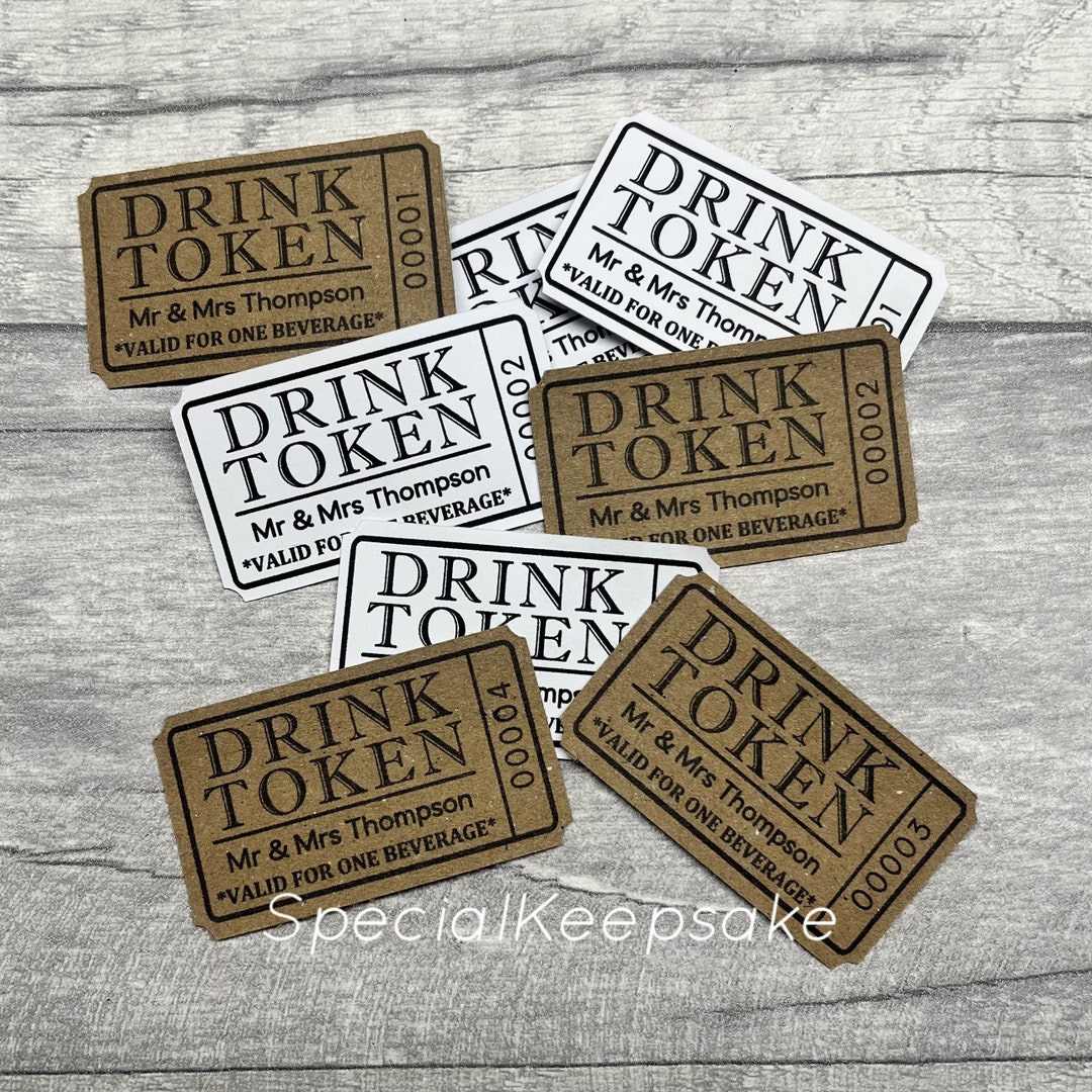 White Kraft Wedding Drink Tokens Free Alcohol Bride Groom Mr Mrs Guest ...