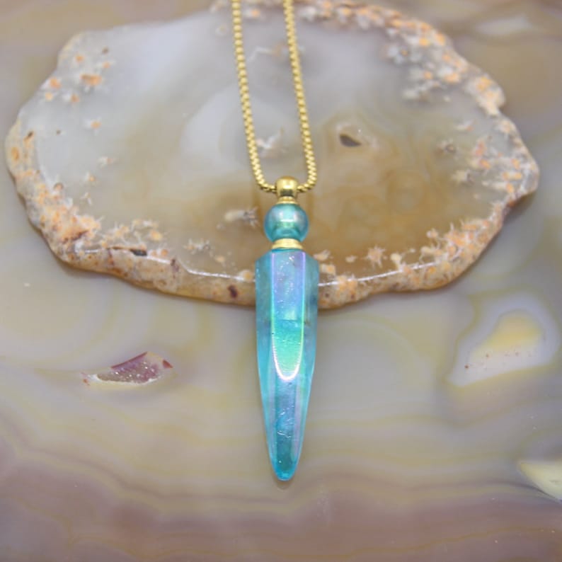 New! Rainbow Titanium Raw Crystal Point Perfume Bottle Pendant Necklace ...