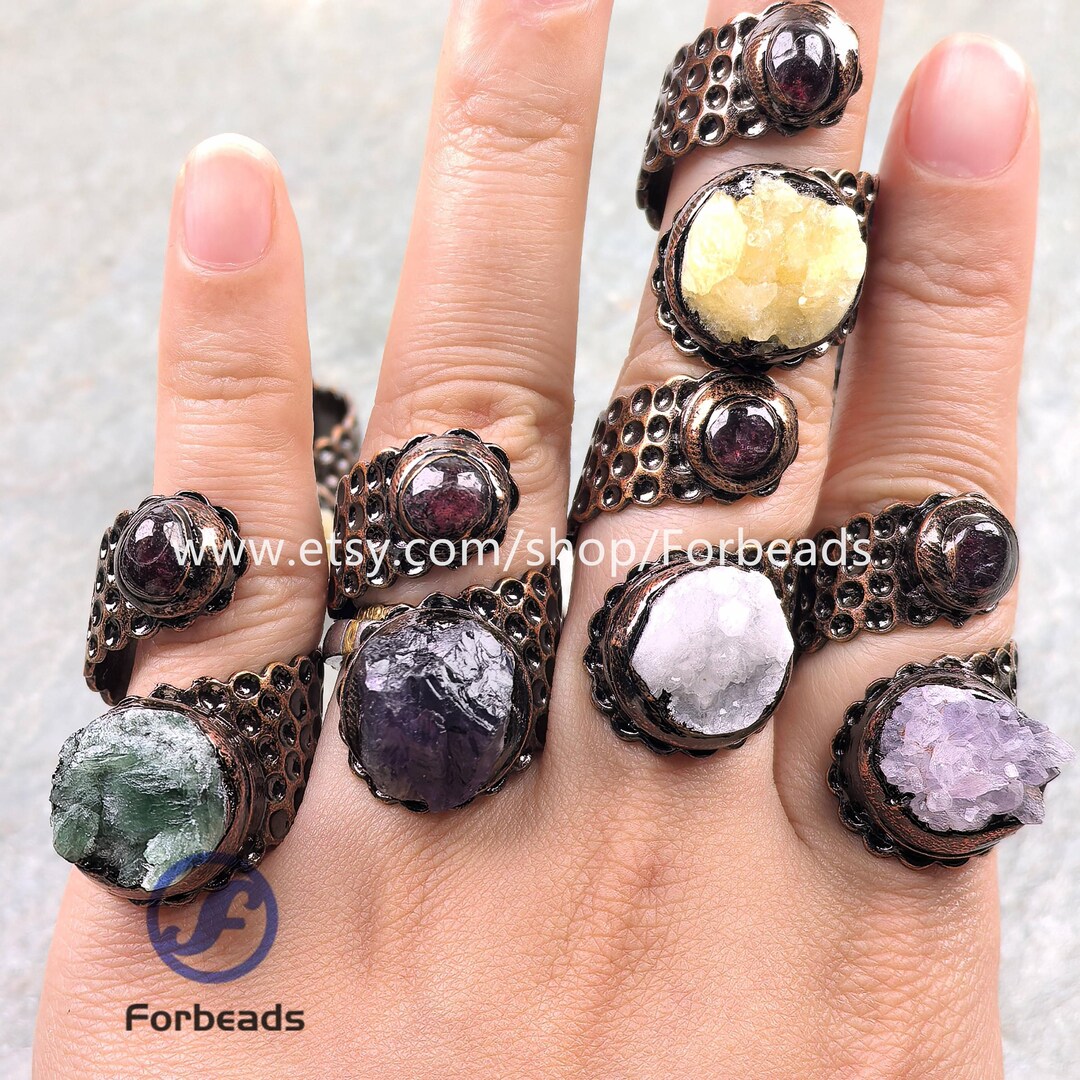 Antique Copper Double Stone Open Ring,garnet Amethyst Geode Druzy Drusy ...