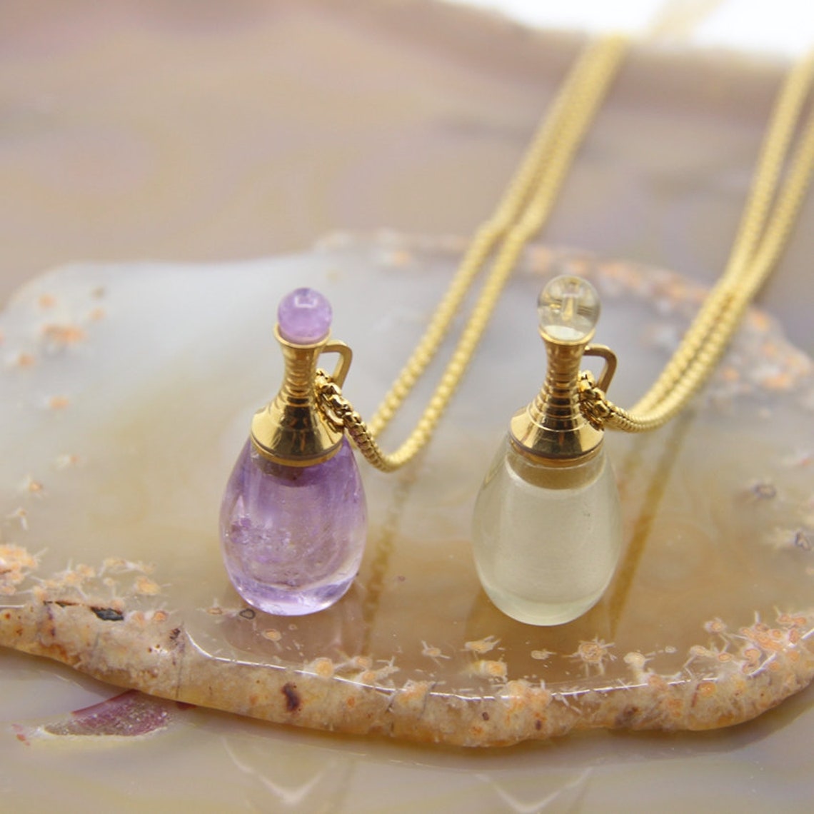 Natural Crystal Essential Oil Diffuser Amethyst Vial Pendants - Etsy