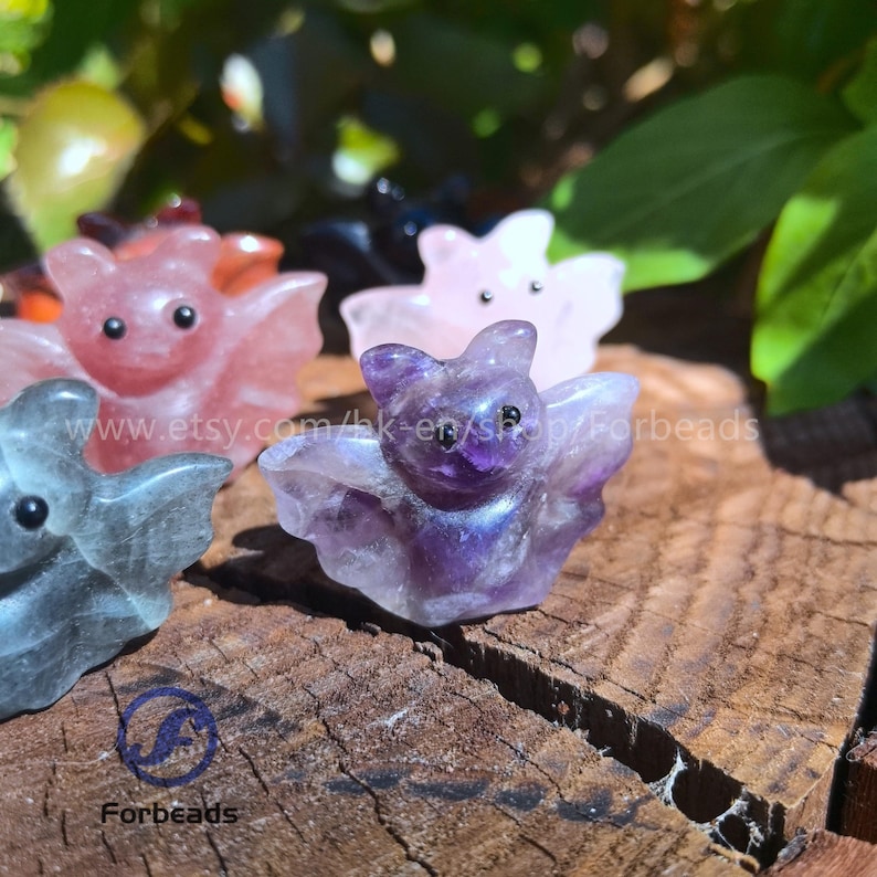 Carved Crystal Bat Figurine, Amethyst, Quartz, Obsidian, Halloween ...