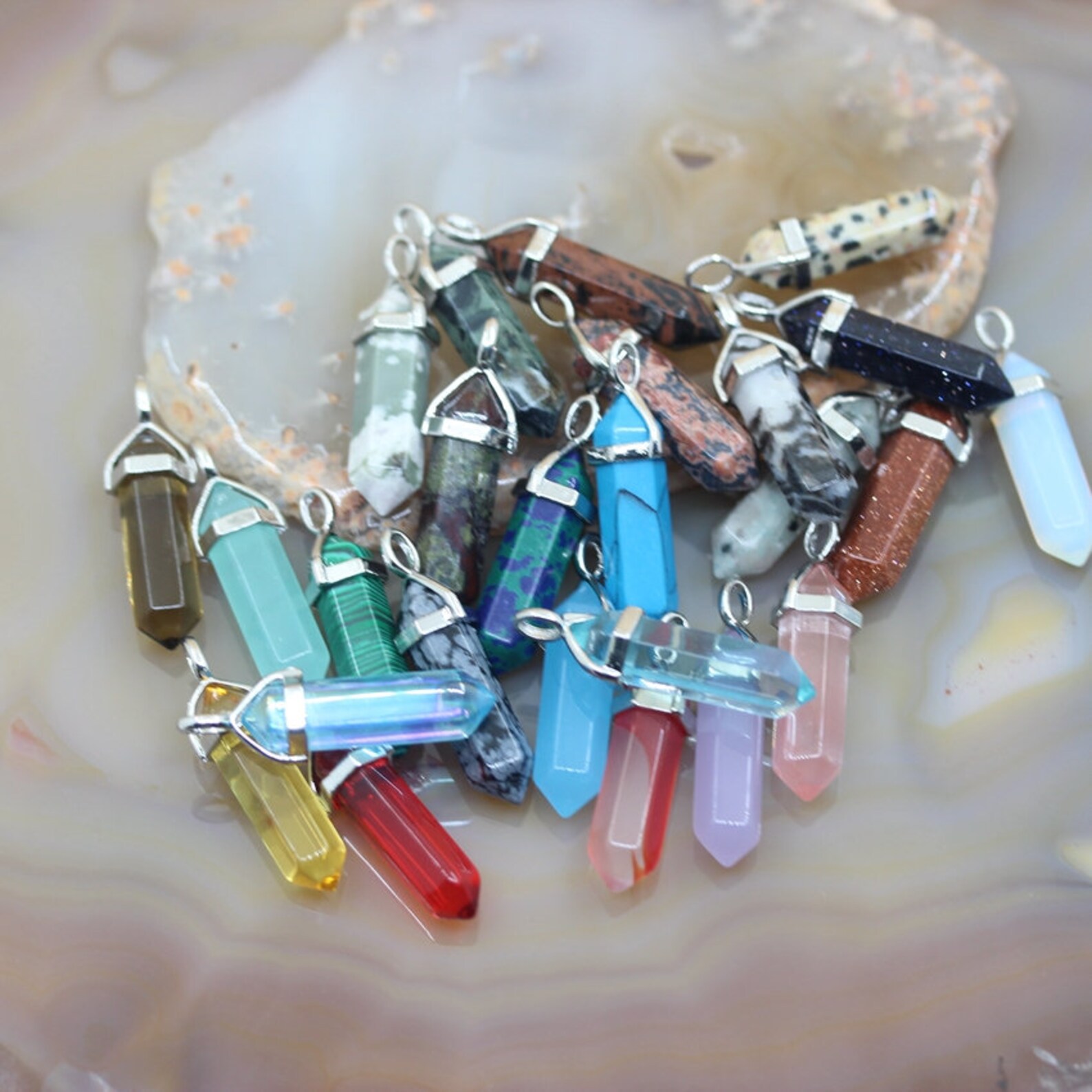 5-10pcs Healing Crystal Hexagon Point Pendantgemstone Double - Etsy