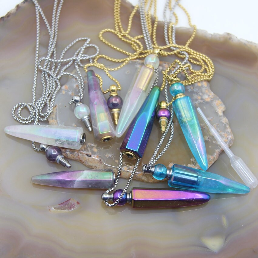 New! Rainbow Titanium Raw Crystal Point Perfume Bottle Pendant Necklace ...