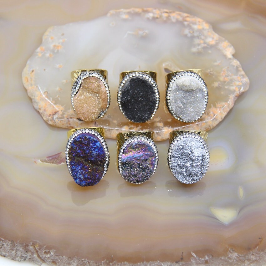 3-10pcsColorful Titanium Druzy RingPaved Rhinestone Oval | Etsy