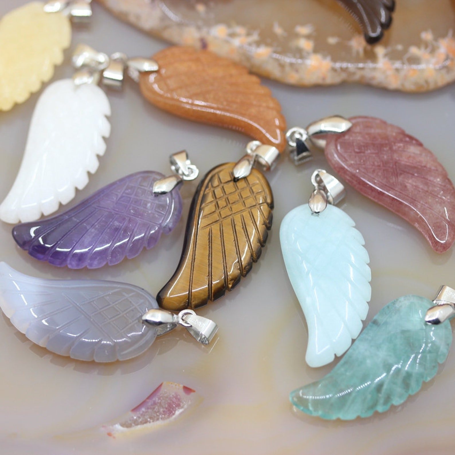 3-10pcs Carve Crystal Amethyst Angel Wing Pendants Earrings,fluorite ...